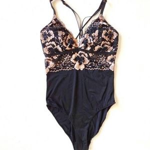 Auden | Tops | Auden Black Floral Lace Mesh Inset Bodysuit Lingerie ...